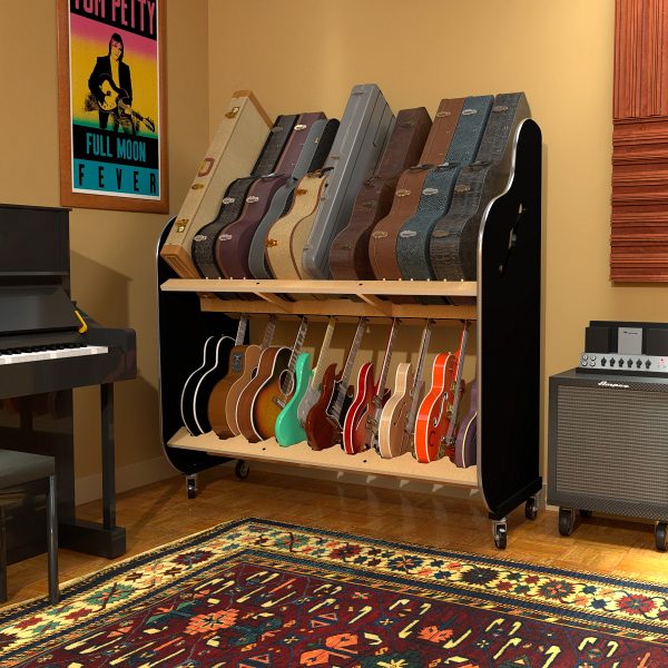 The Session-Pro™ Double-Stack Mobile Guitar & Case Shelf Racks