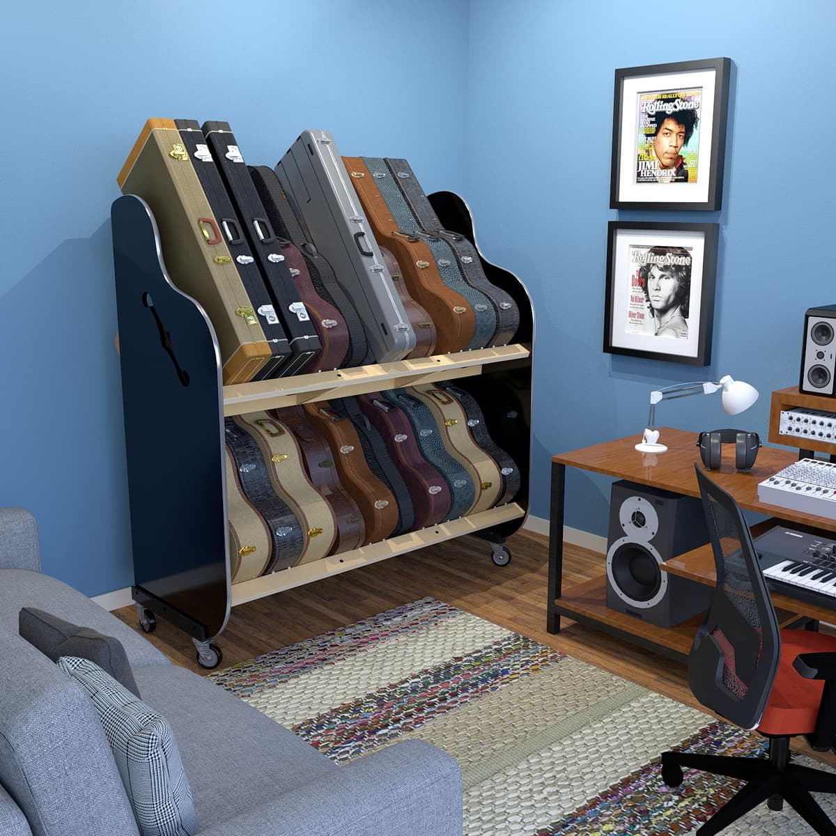 The Session-Pro™ Double-Stack Mobile Guitar & Case Shelf Racks